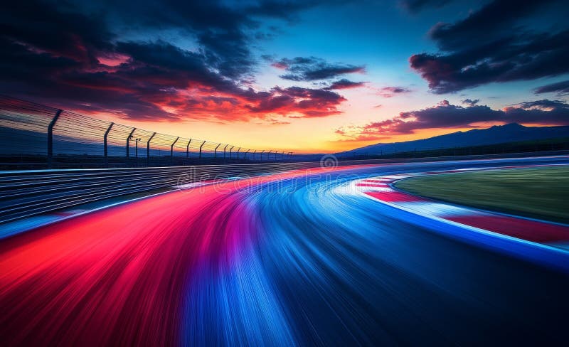 Racing Track with Blue and Red Light Trails at Sunset. Generative AI ...