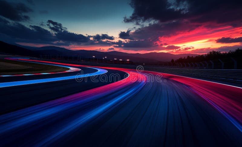 Racing Track with Blue and Red Light Trails at Sunset. Generative AI ...