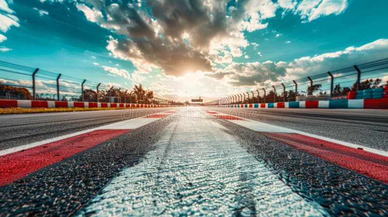 Racing Track Stretches into the Horizon Under a Vibrant Sky at Sunset ...