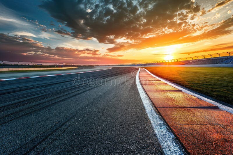 Racing Track with Sunset Background and Empty Grandstand Stock Photo ...