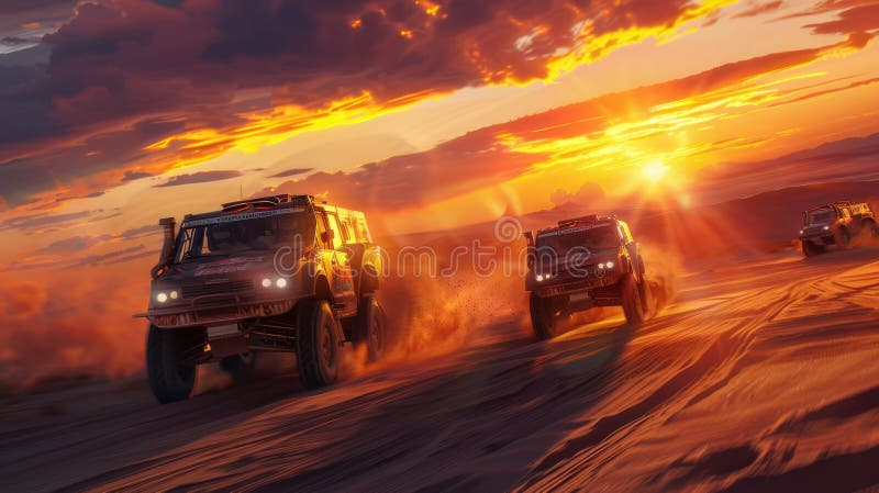 Racing Trucks Speed through Desert at Sunset, Casting Long Shadows and ...
