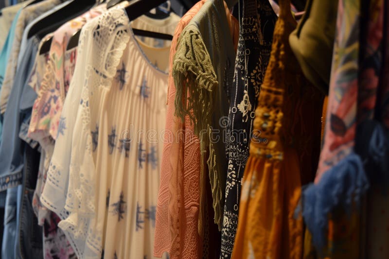 Rack of Assorted Boho Clothing in a Fashion Store Stock Image - Image ...