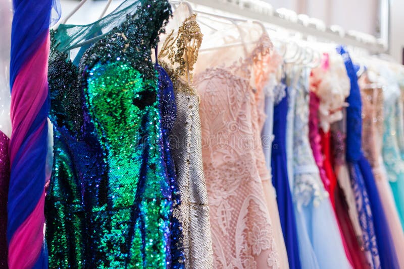 Rack with Beautiful Evening Dresses. Stock Photo - Image of beauty ...