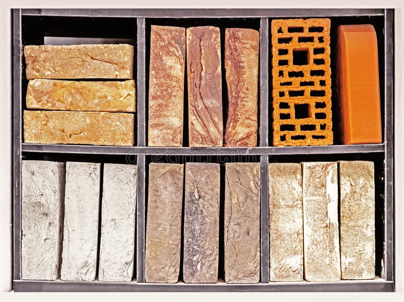 Rack with Bricks of Different Colors. Samples of Bricks in a ...
