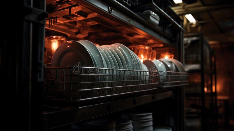 A Rack of a Bunch of Plates and Glasses in the Dark, AI Stock ...