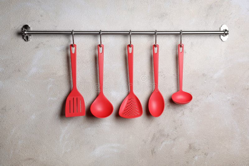 Rack with Clean Kitchen Utensils Stock Photo - Image of group ...