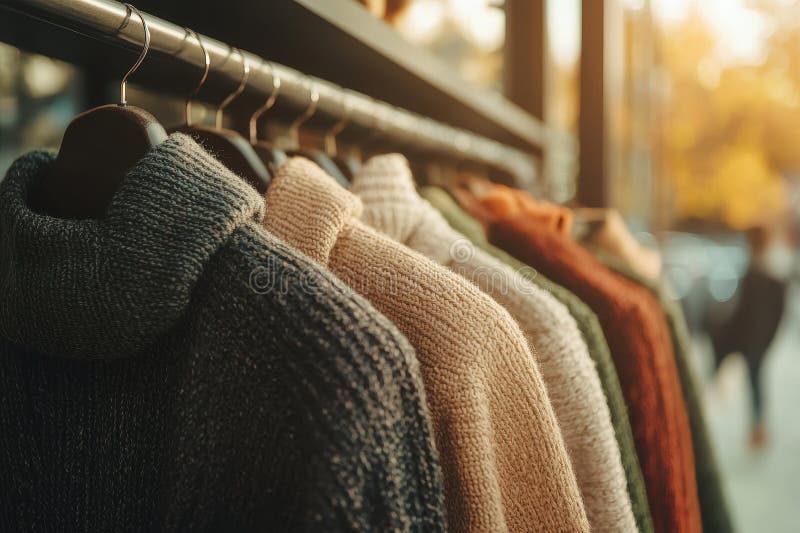 A Rack of Clothes with a Green Sweater on the Far Right Stock Image ...