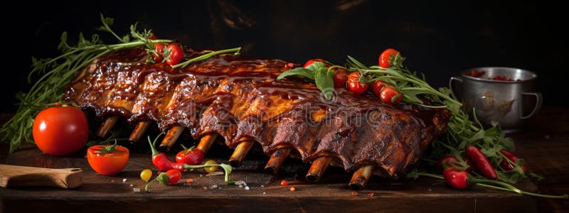 A Rack of Delicious Ribs with Barbecue Sauce, Vegetables and Herbs ...