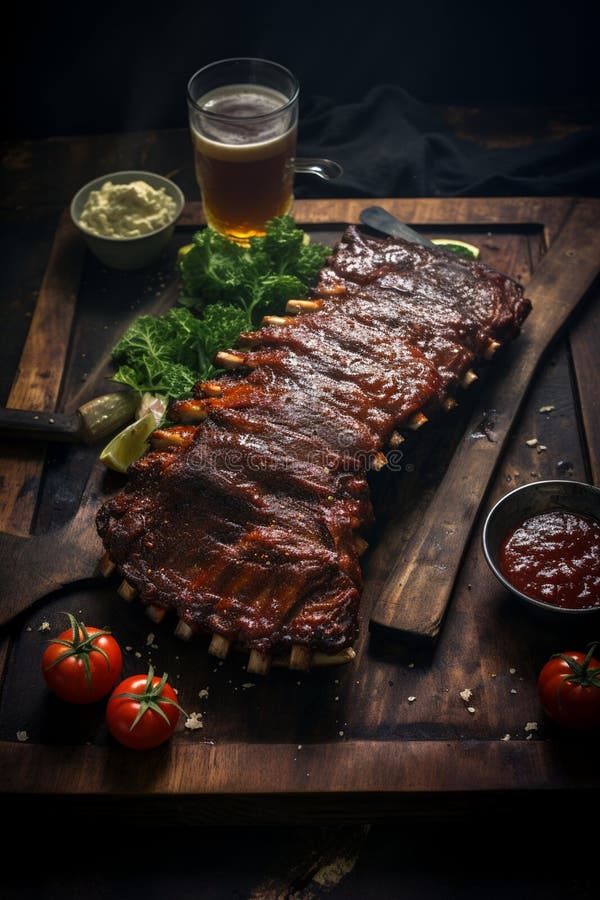 A Rack of Delicious Ribs with Barbecue Sauce, Vegetables and Herbs ...