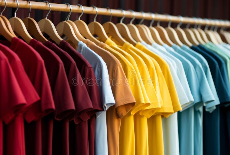 A Rack of Different Colors with Different Tshirts on it Stock Photo ...