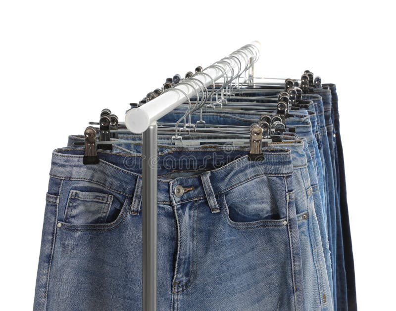 Rack with Different Jeans Isolated on White Stock Photo - Image of ...