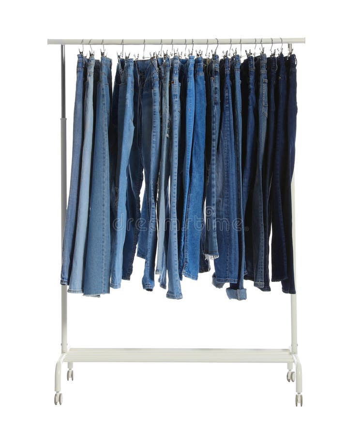 Rack with Different Jeans Isolated on White Stock Photo - Image of ...