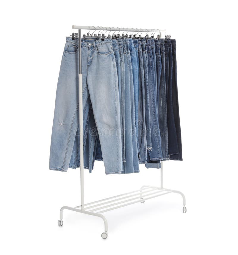 Rack with Different Jeans Isolated on White Stock Image - Image of ...