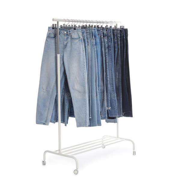 Rack with Different Jeans Isolated on White Stock Image - Image of ...