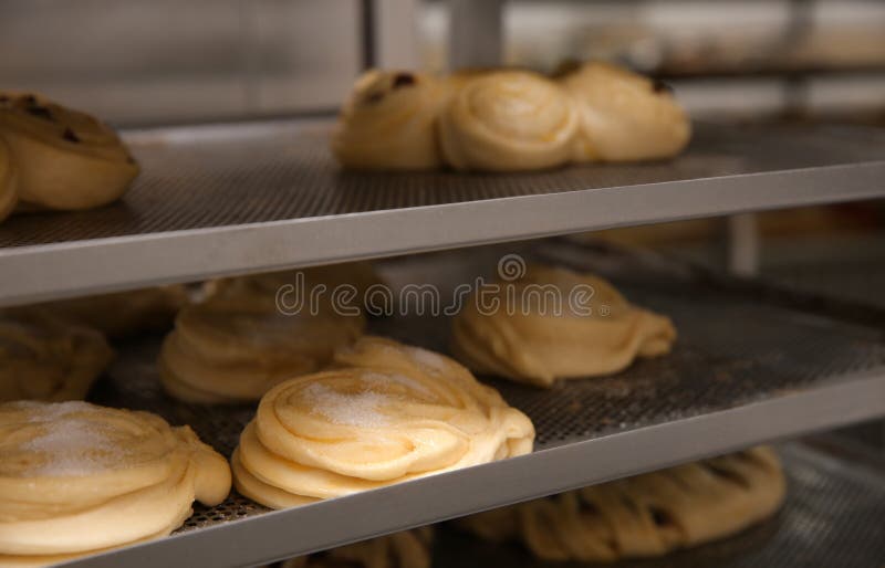 Rack with Different Unbaked Pastries Stock Photo - Image of bread ...