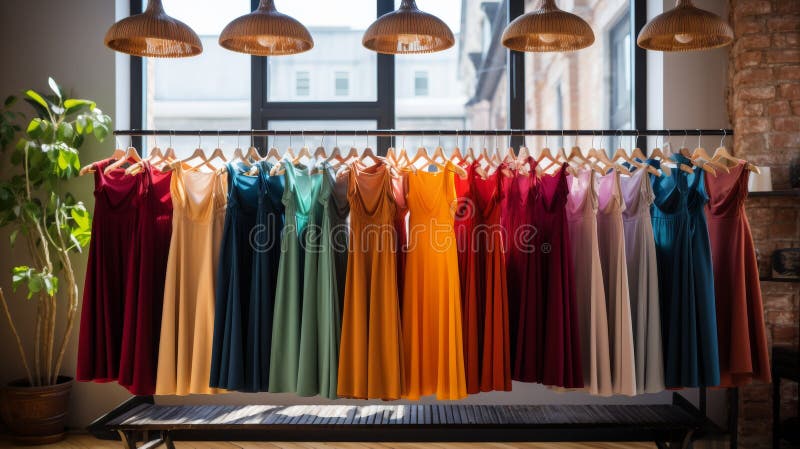 Rack of Dresses Hanging in Front of a Window Stock Photo - Image of ...