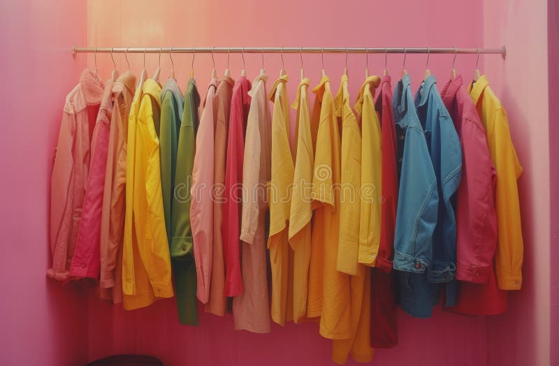 A Rack of Hanging from a Pink Wall Stock Image - Image of choice ...