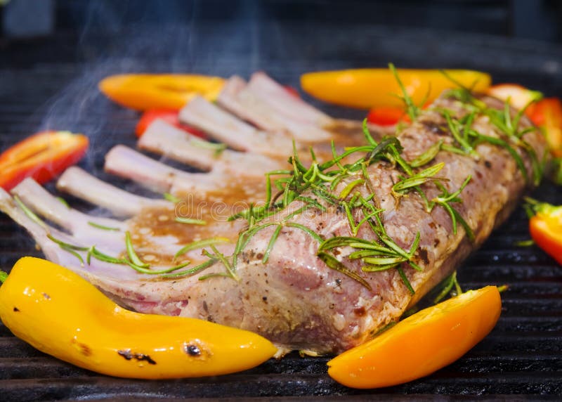 Rack of lamb grilling stock photo. Image of smoke, summer - 8845746