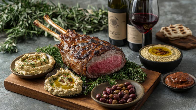 Rack of Lamb with Mediterranean Dips and Red Wine Stock Illustration ...