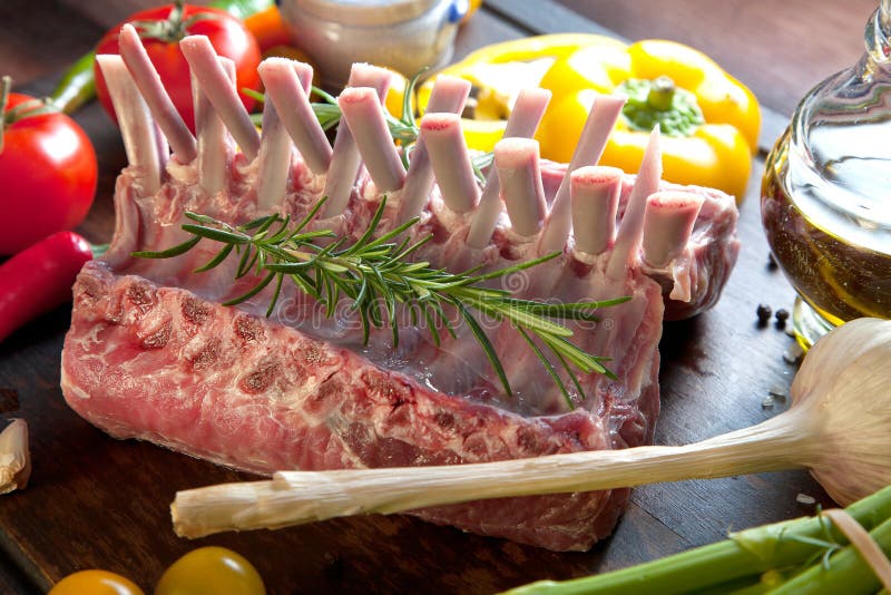 Rack of Lamb , Raw Meat with Bone on Rustic Kitchen Table at Wooden ...
