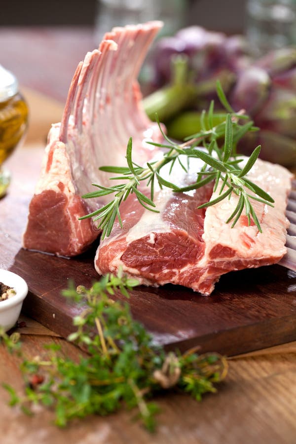Rack of Lamb , Raw Meat with Bone on Rustic Kitchen Table at Wooden ...
