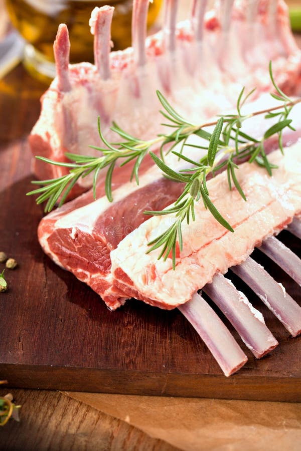 Rack of Lamb , Raw Meat with Bone on Rustic Kitchen Table at Wooden ...