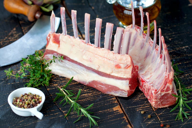 Rack of Lamb , Raw Meat with Bone on Rustic Kitchen Table at Wooden ...
