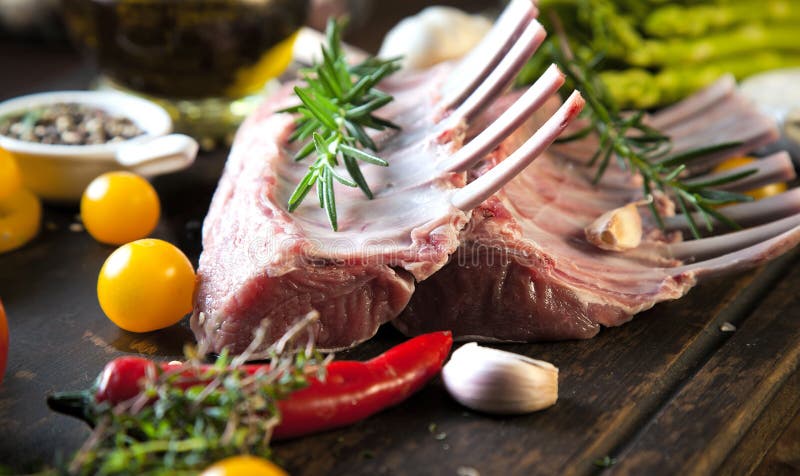 Rack of Lamb , Raw Meat with Bone on Rustic Kitchen Table at Wooden ...