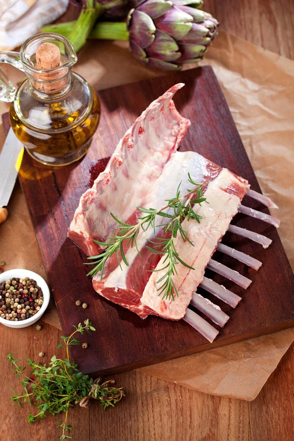 Rack of Lamb , Raw Meat with Bone on Rustic Kitchen Table at Wooden ...