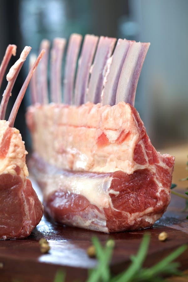 Rack of Lamb , Raw Meat with Bone on Rustic Kitchen Table at Wooden ...