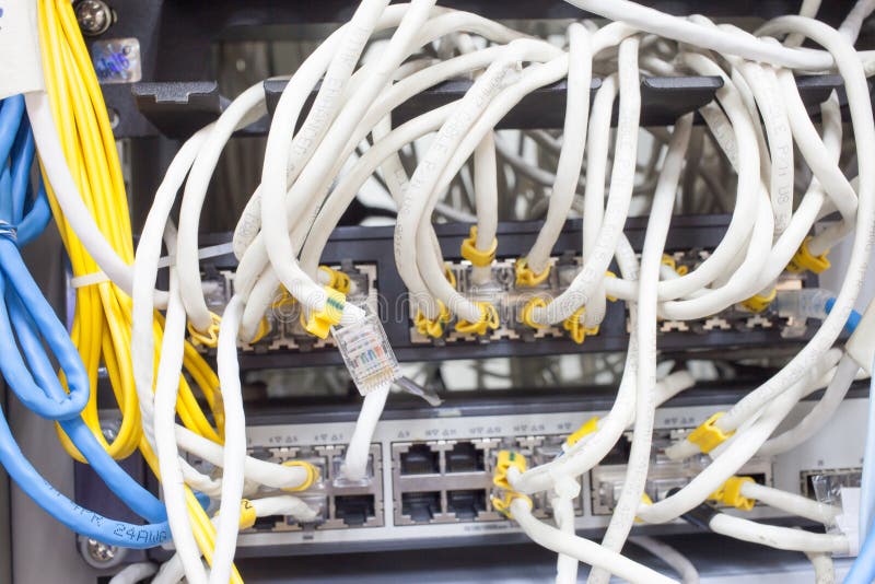 Rack Main Server Internet Connected with Cluttered LAN Cables. Stock ...