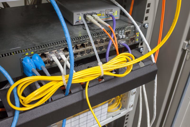 Rack Main Server Internet Connected with Cluttered LAN Cables. Stock ...