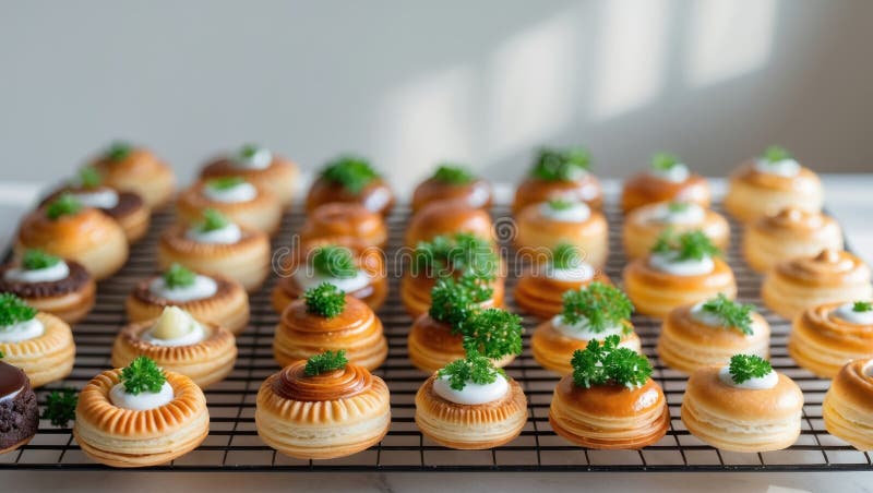 A Rack of Mini Pastries with Parsley on Top. Stock Photo - Image of ...