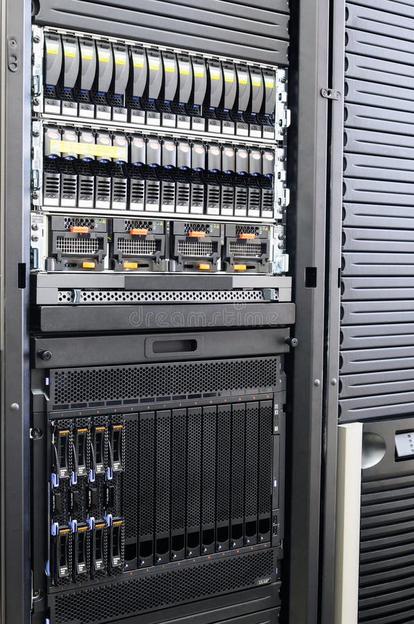 Rack Mounted Servers in a Server Room, Man Work with Lan or Network ...