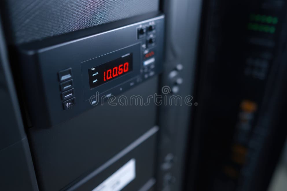 Rack-mounted UPS Unit Displaying LCD Readout in a Server Room Setup ...