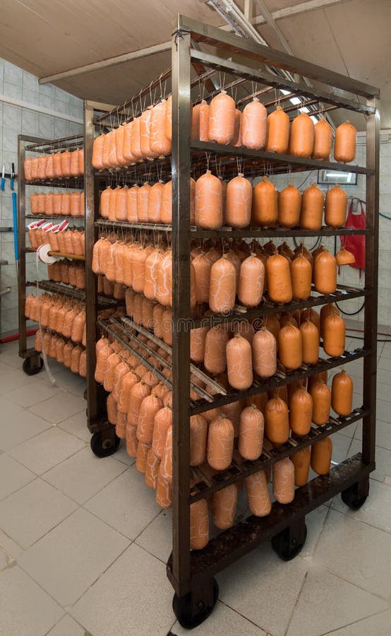 Rack with Sausages at the Production Stock Photo - Image of plant ...