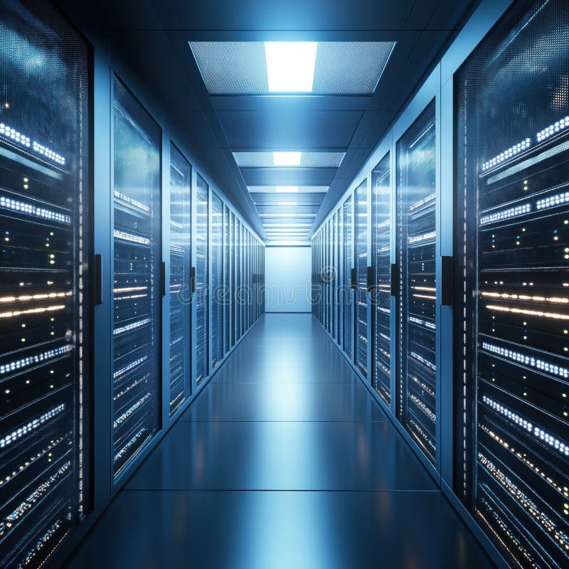 Rack Server Computer Hardware Systems in Data Center Room with Blue ...