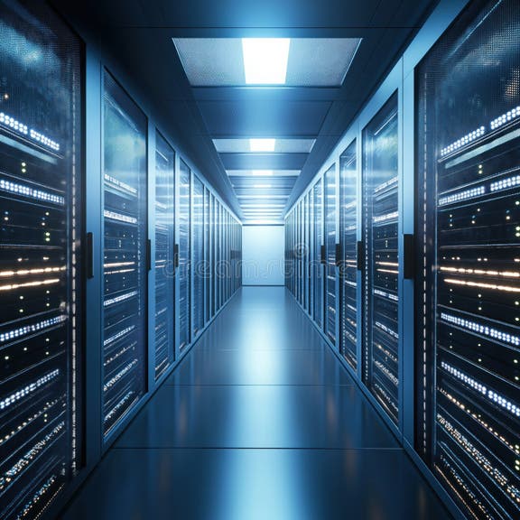 Rack Server Computer Hardware Systems in Data Center Room with Blue ...