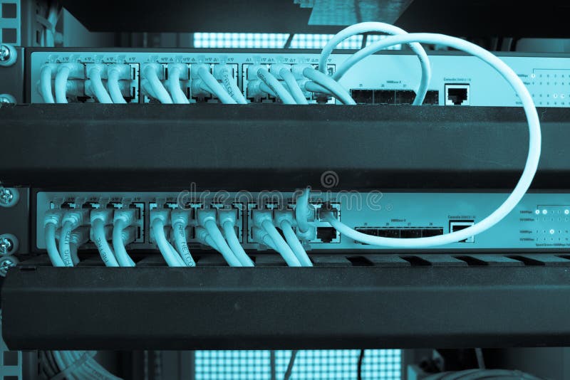 Rack Main Server Internet Connected with Cluttered LAN Cables. Stock ...