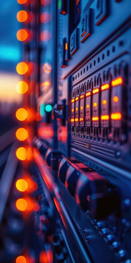 A Rack of Servers in a Data Center with a Blurred Orange Light in the ...