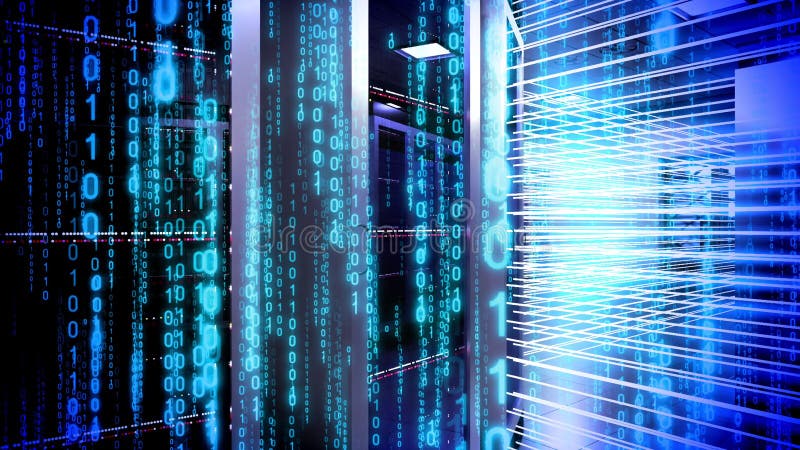 Rack Servers And Falling Binary Code Data Centre Hosting Storage