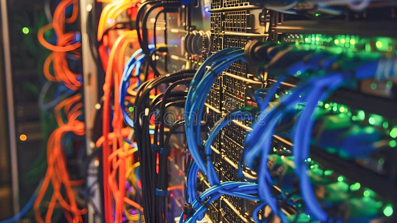 Rack of Servers with Vibrant Wire Connections Stock Illustration ...