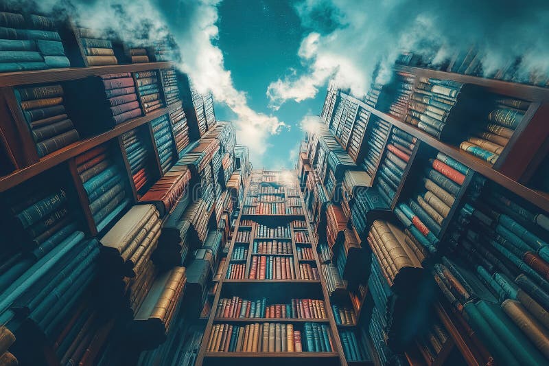 A Rack of Shelves Full of Books Rises into the Cloudy Sky. Concept of ...
