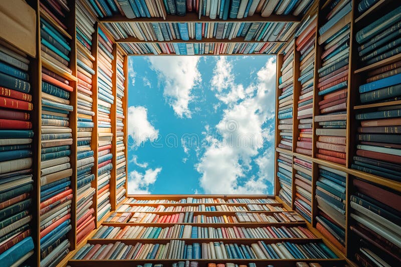 A Rack of Shelves Full of Books Rises into the Cloudy Sky. Concept of ...