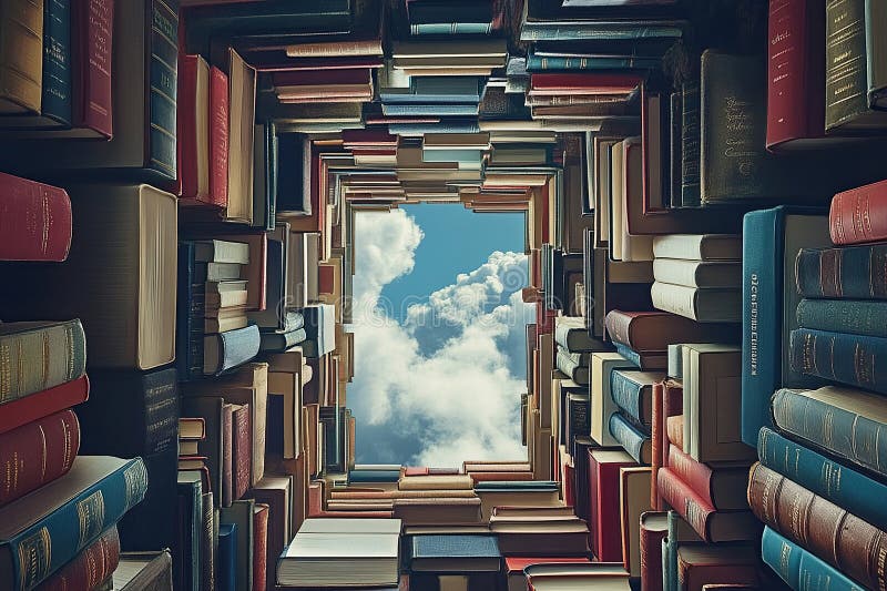 A Rack of Shelves Full of Books Rises into the Cloudy Sky. Concept of ...
