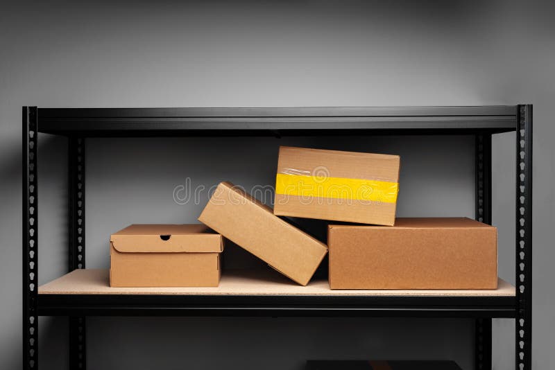 Rack Shelves with Paper Boxes in Warehouse. Stock Image - Image of ...