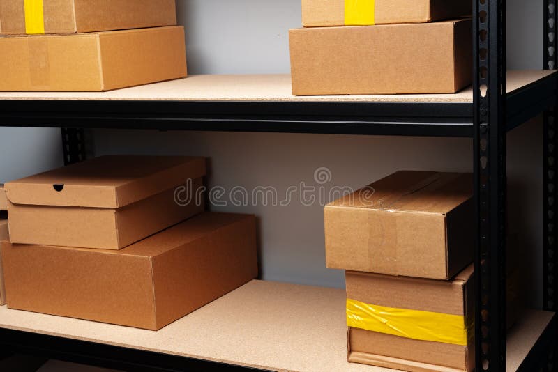 Rack Shelves with Paper Boxes in Warehouse. Stock Image - Image of ...