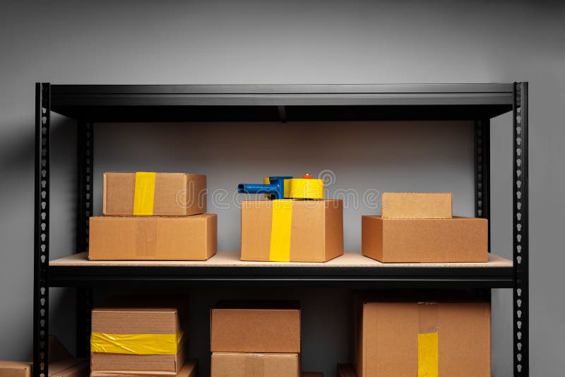 Rack Shelves with Paper Boxes in Warehouse. Stock Image - Image of ...