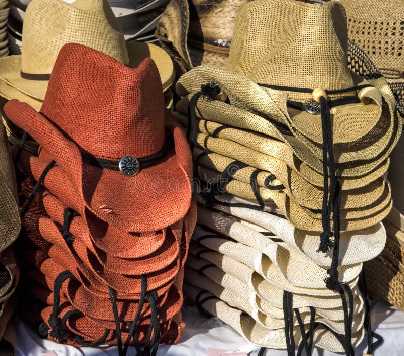 Rack of Straw Cowboy Hats on Sale. Stock Photo - Image of head, market ...