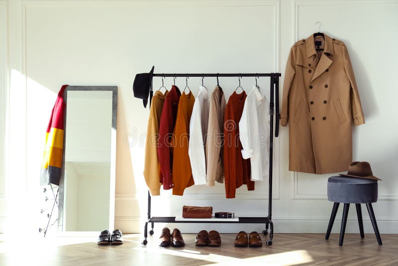 Rack with Stylish Clothes in Modern Dressing Room Stock Image - Image ...